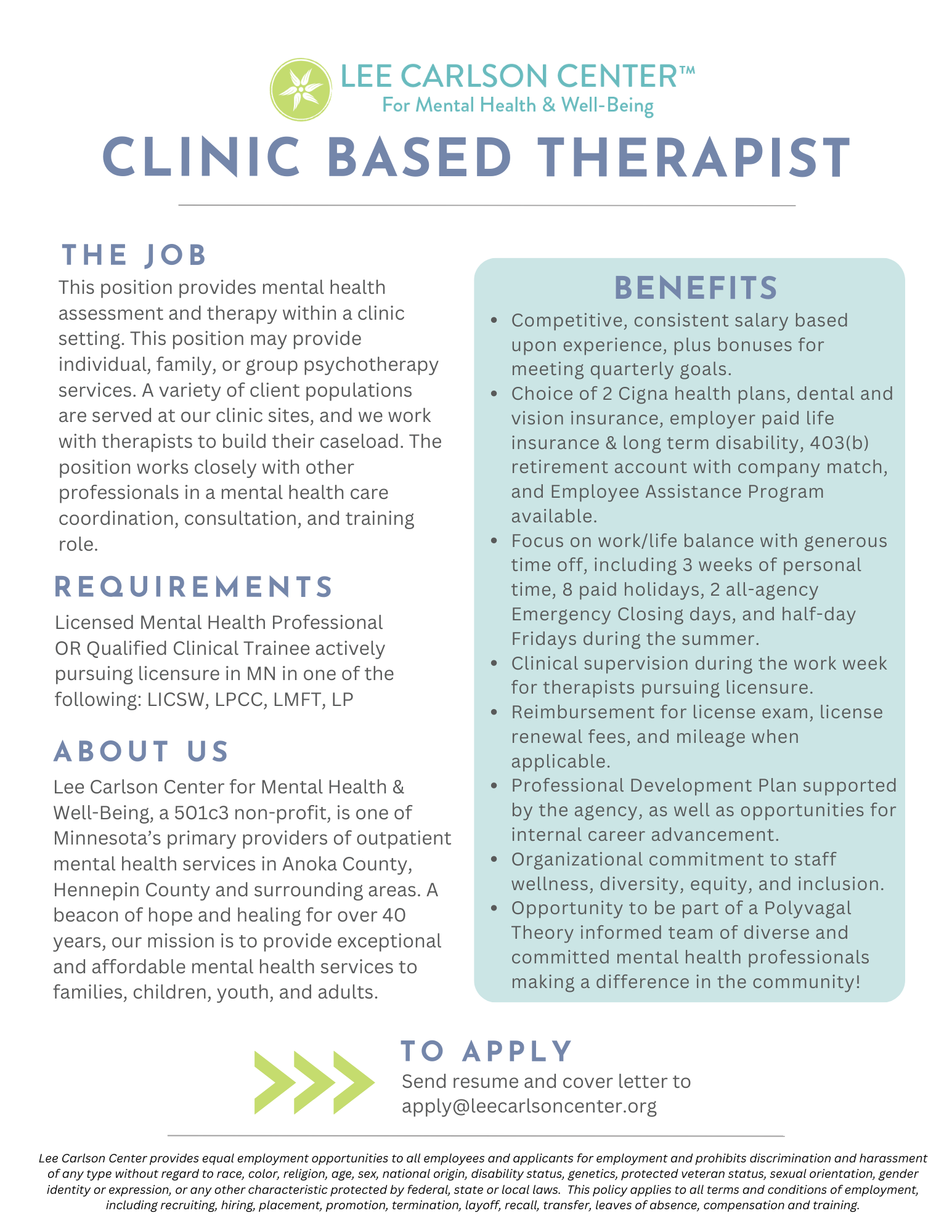 Clinic Based Therapist - Lee Carlson Center for Mental Health & Well-Being